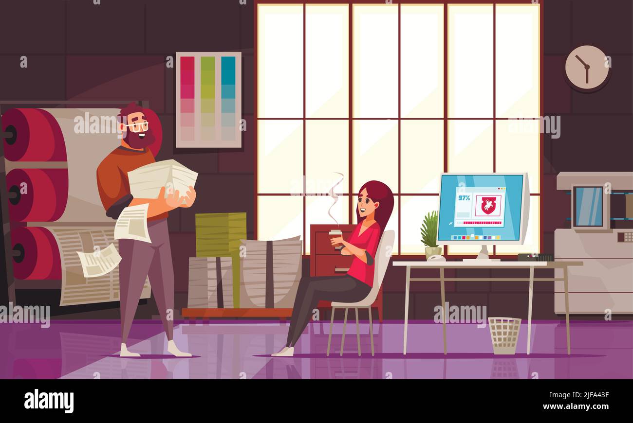 Modern printing house office with two human characters and machines ...