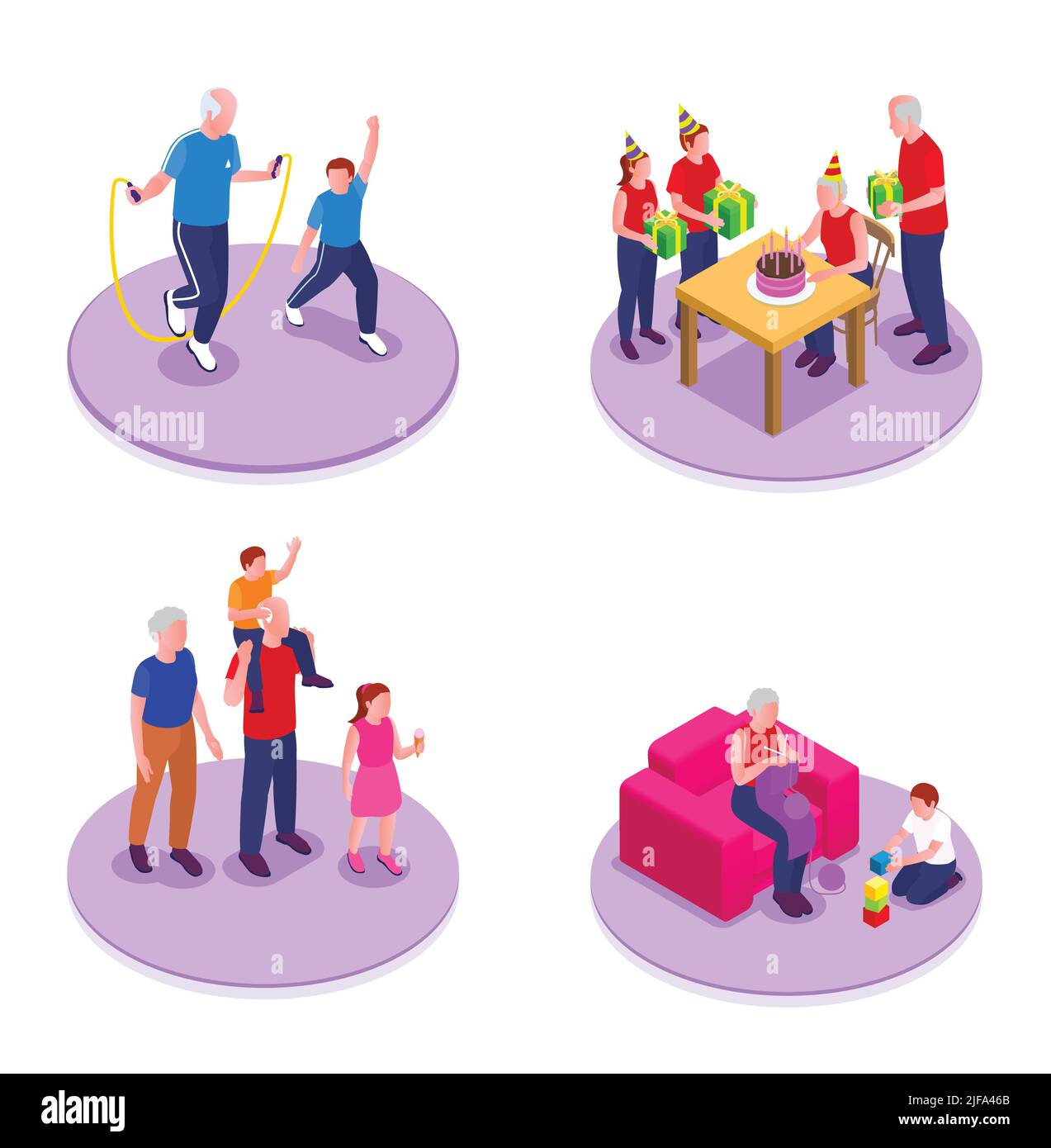 Grandparents and grandchildren isometric set with communication and ...