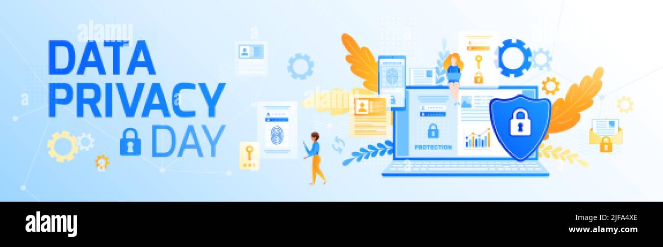 Data privacy day banner composition with flat icons of gear leaves and ...