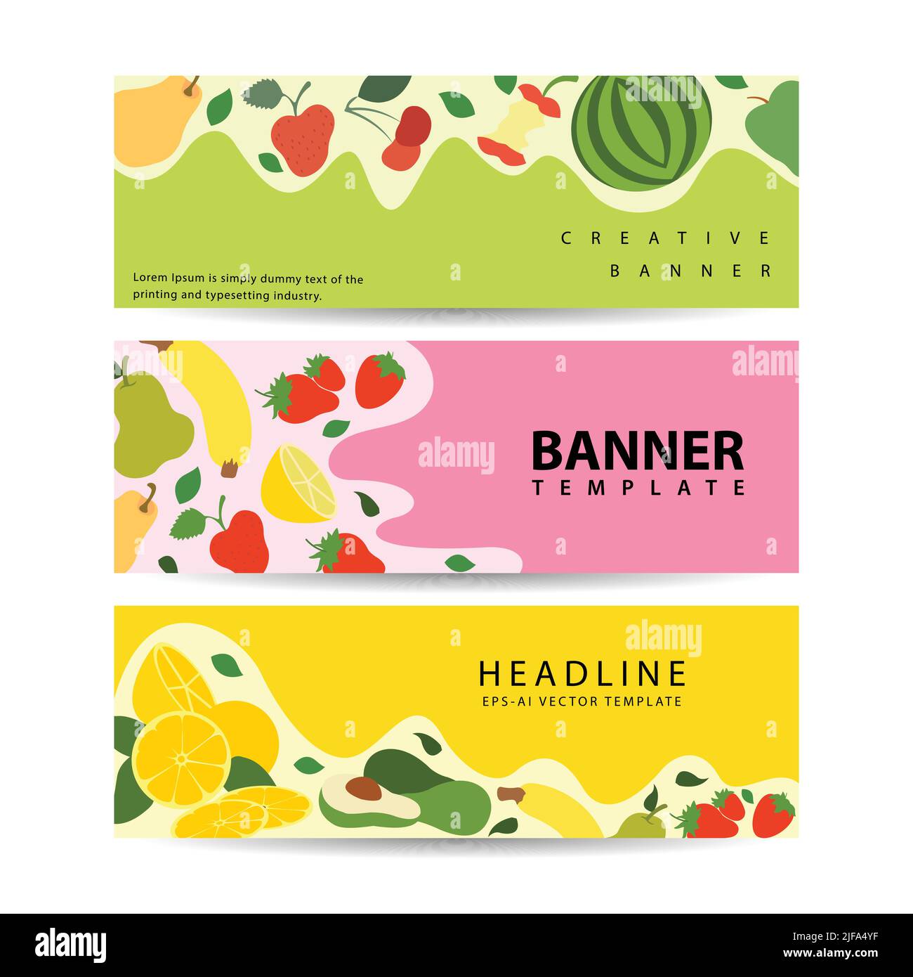 Template design with horizontal healthy food banner fruits, vegetables ...