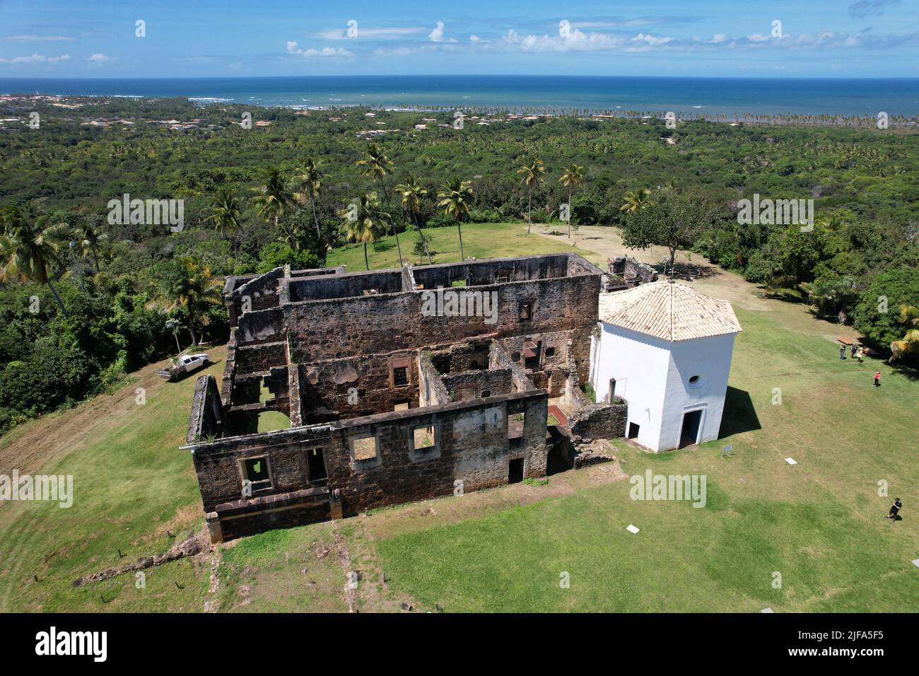 An aerial view of old ruins in Praia do Forte village in Brazil in ...