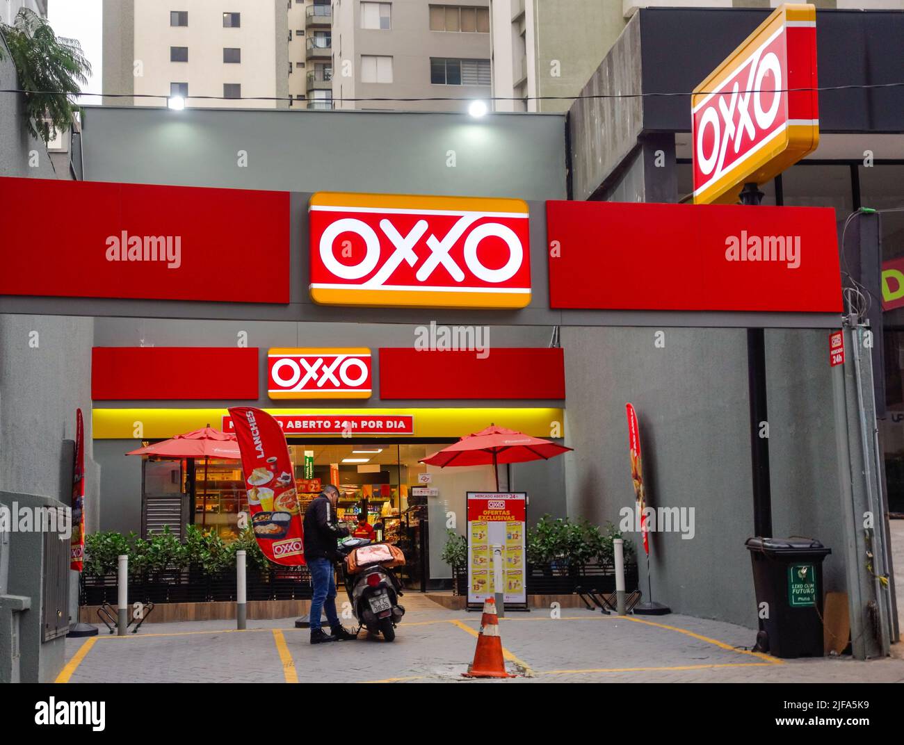 Sao Paulo, Brazil: Exterior view of facade of OXXO mini market 24h ...
