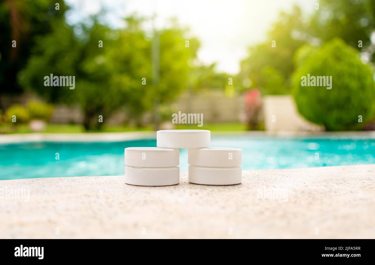 Chlorine tablets for swimming pool cleaning, close up of chlorine ...