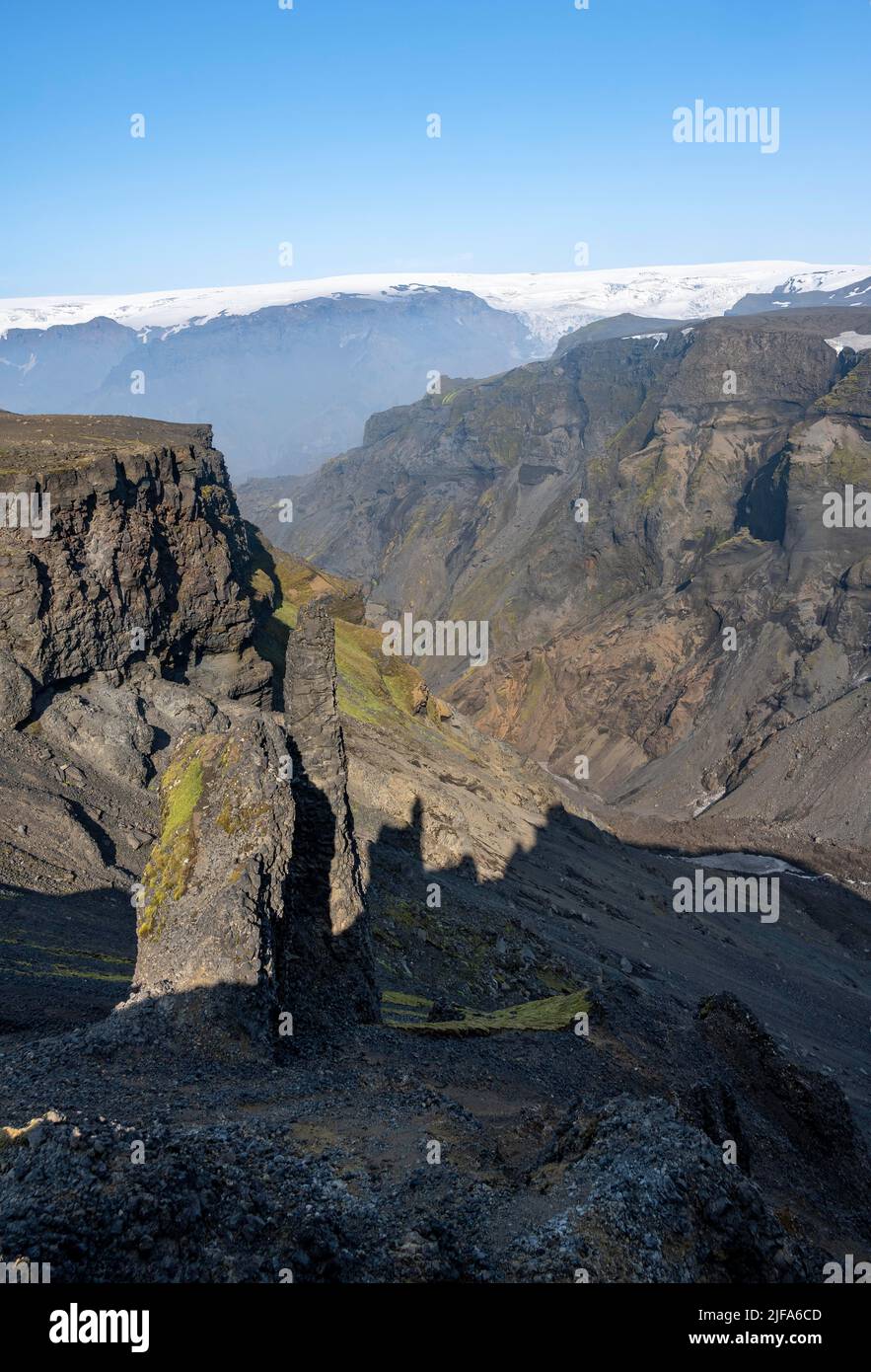 Rock formations and gorge of volcanic rock, Myrdalsjoekull glacier in ...
