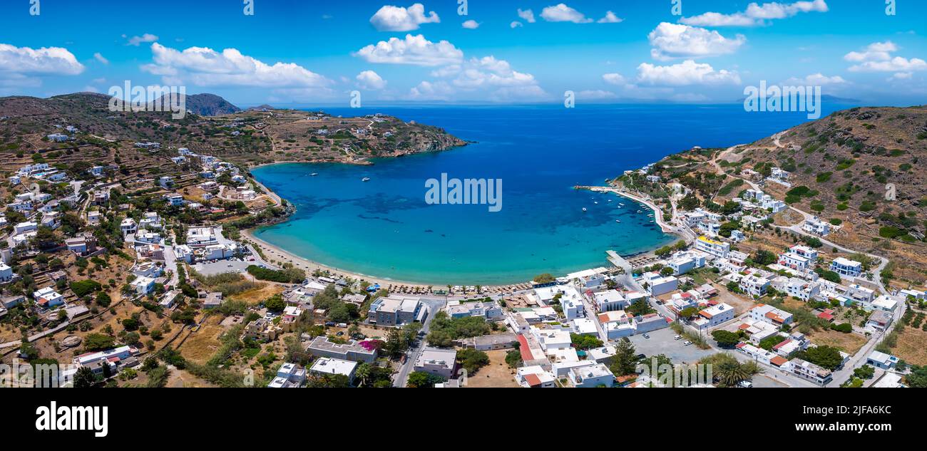 Panoramic aerial view of the bay and beach at Kini, Siros island Stock ...