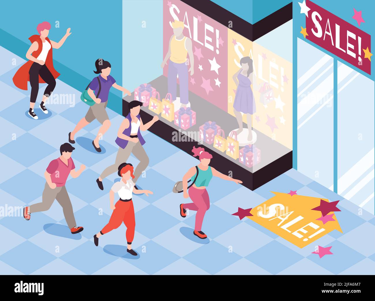People running for sale background with special offer symbols isometric ...