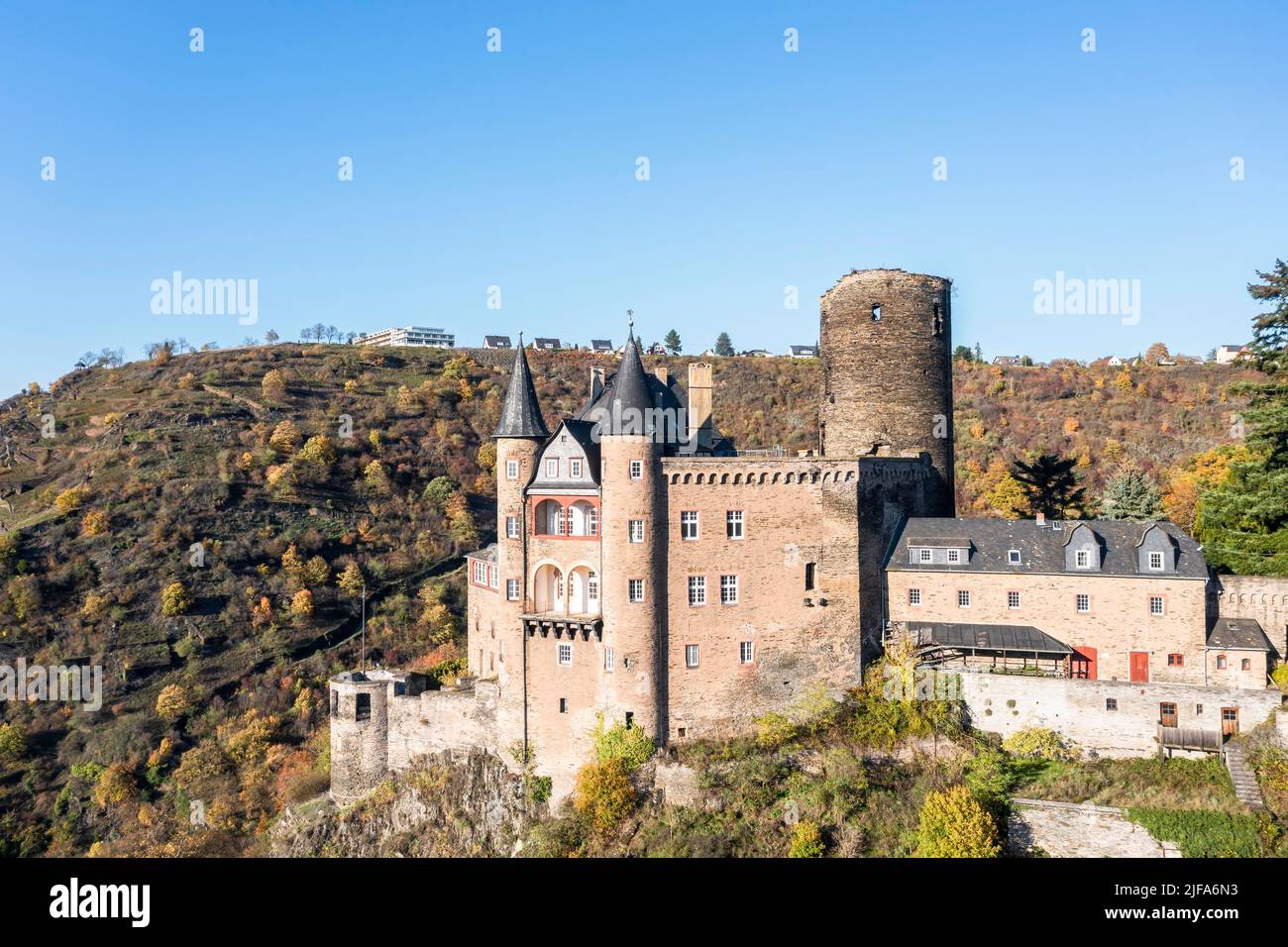 Aerial view of Katz Castle with a view of the Rhine and St. Goar ...