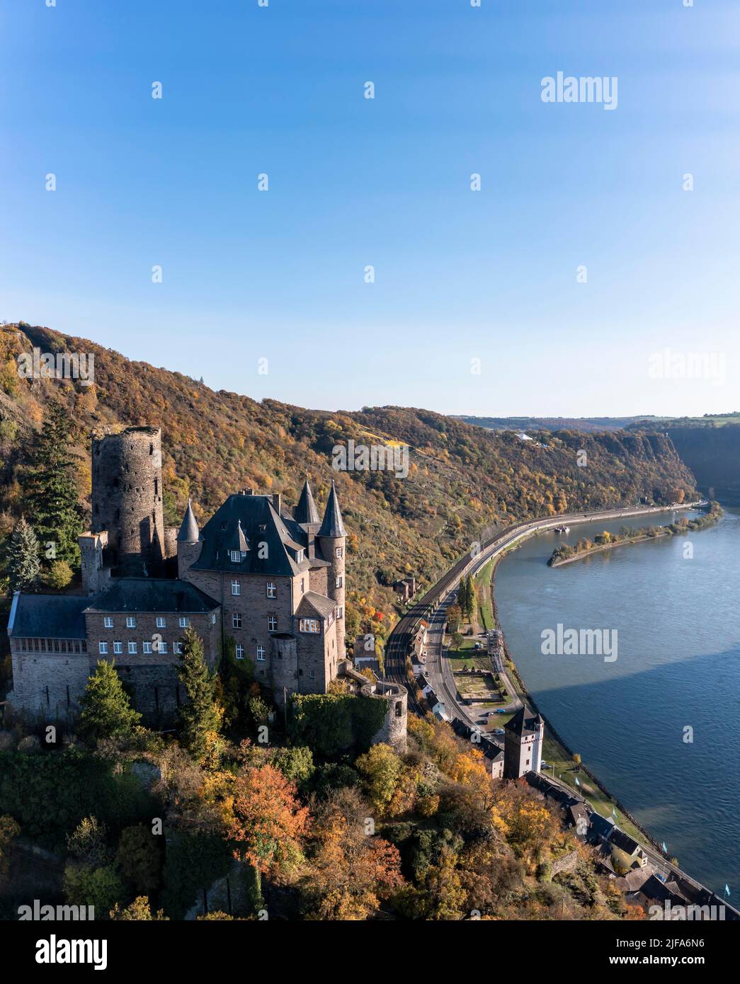 Aerial view of Katz Castle with a view of the Rhine and St. Goar ...