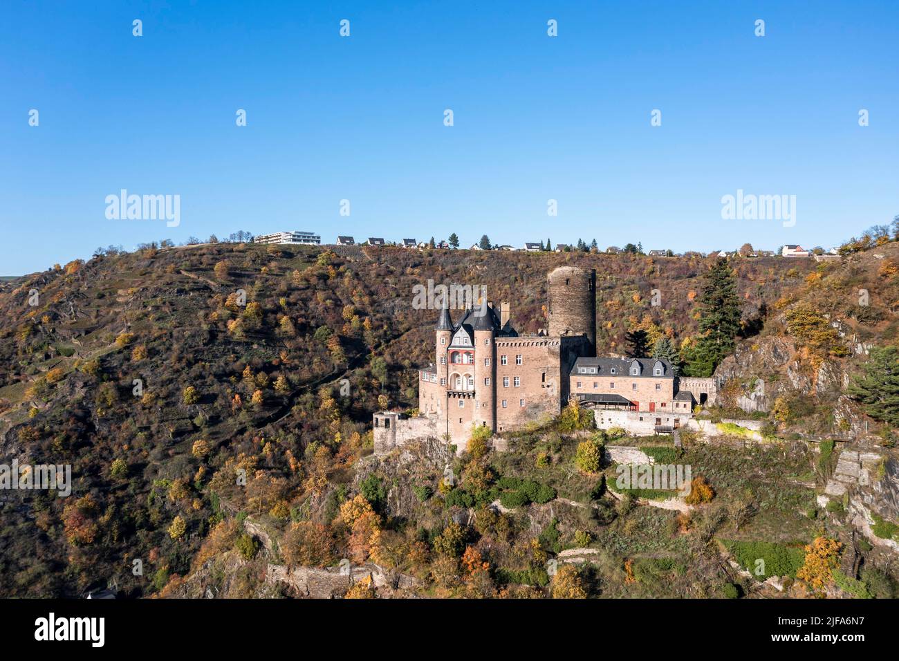 Aerial view of Katz Castle with a view of the Rhine and St. Goar ...