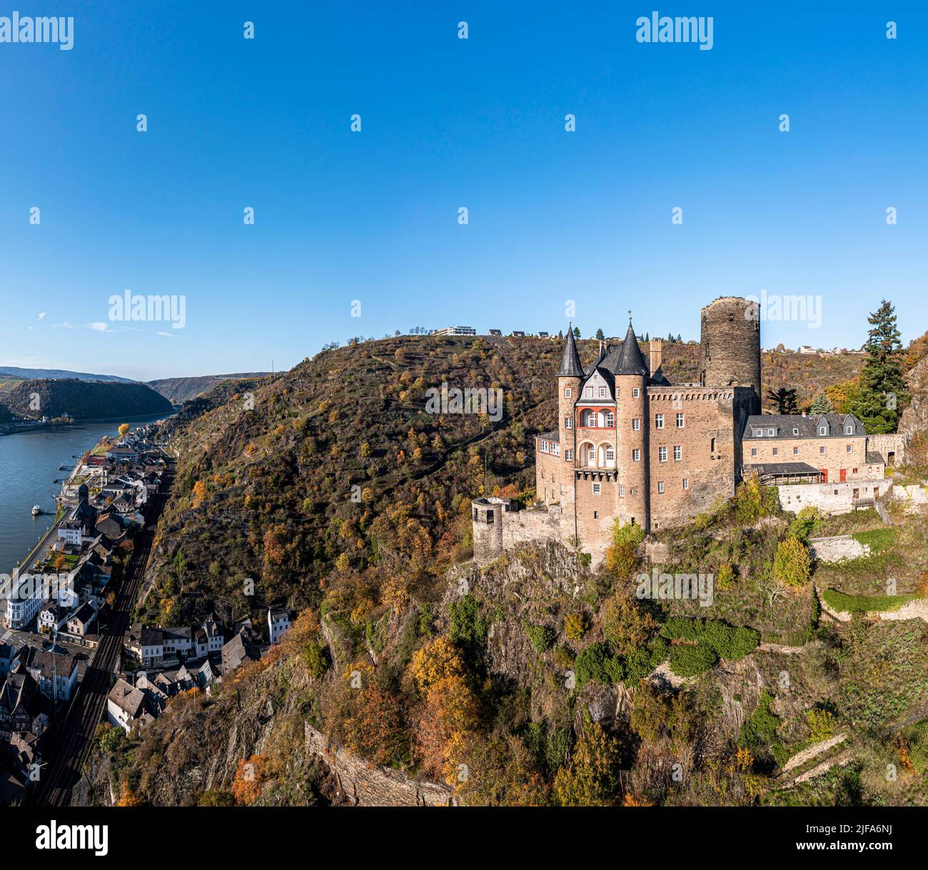 Aerial view of Katz Castle with a view of the Rhine and St. Goar ...