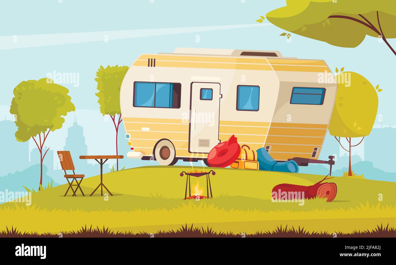 Trailer outside area with camping table folding chair barbecue in city ...