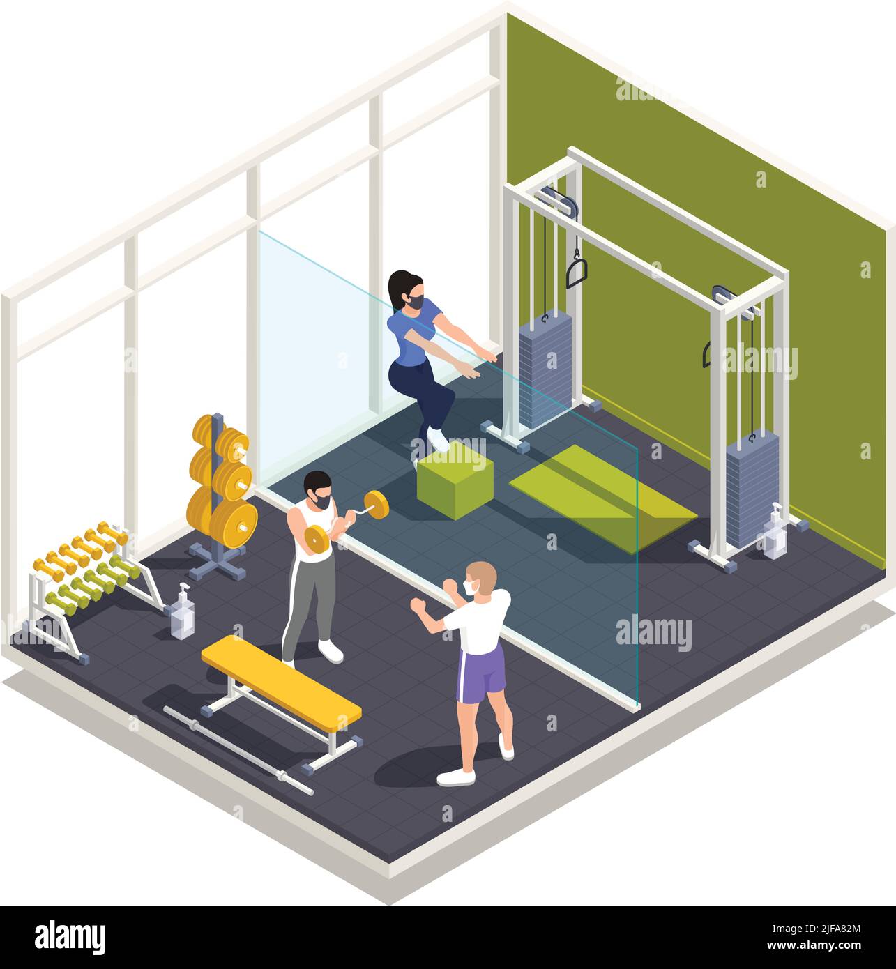 Gym workout center pandemic precautions rules isometric composition ...