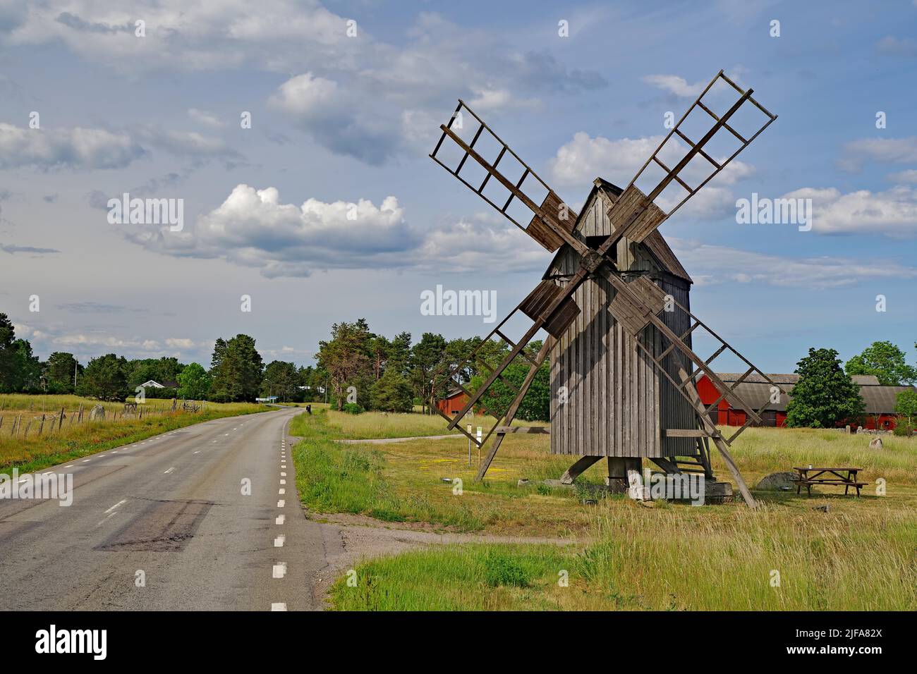 Old wooden mill standing by the road, Oeland, Sweden Stock Photo - Alamy