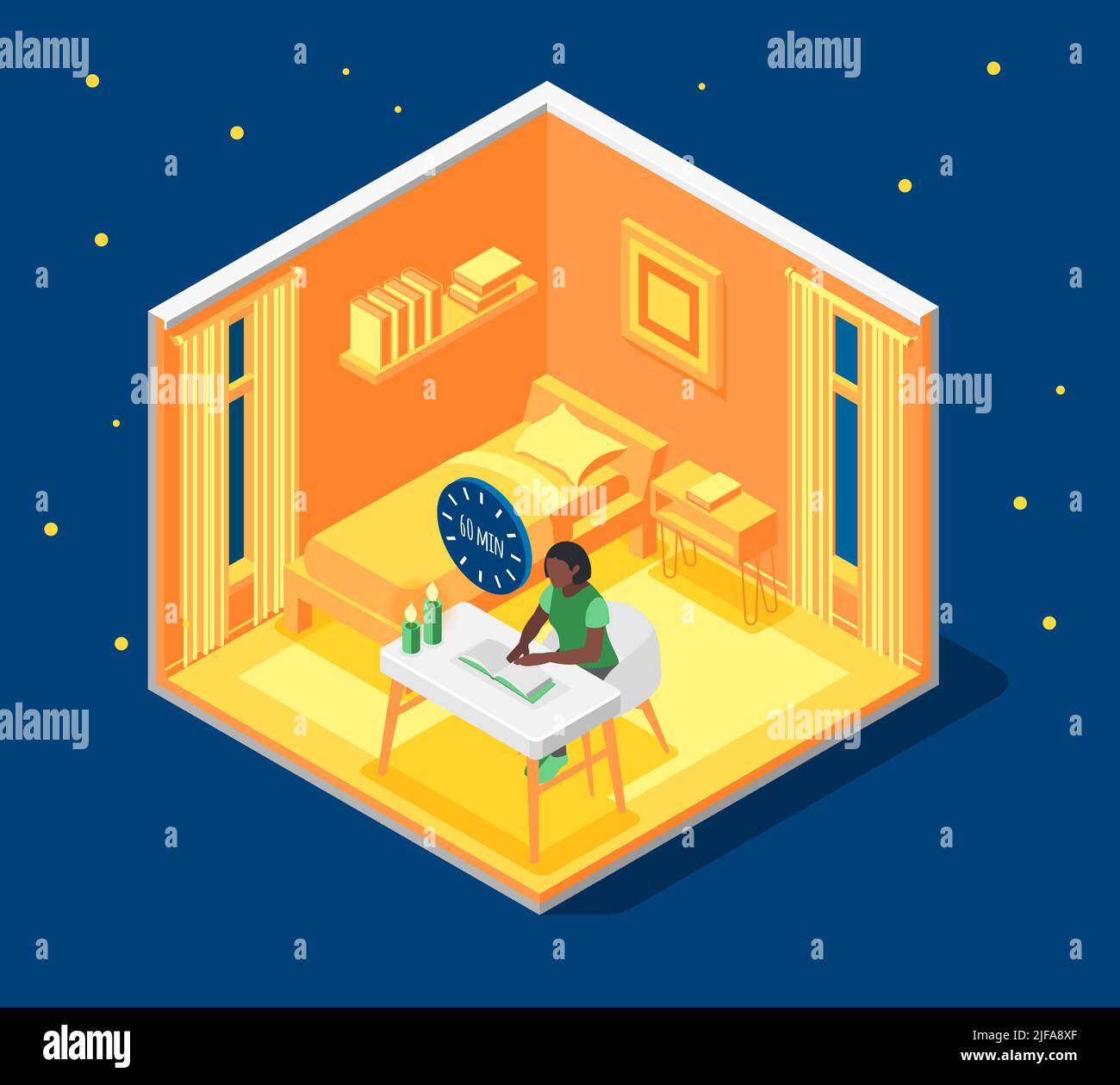 Earth hour isometric composition with woman reading by candle light for ...