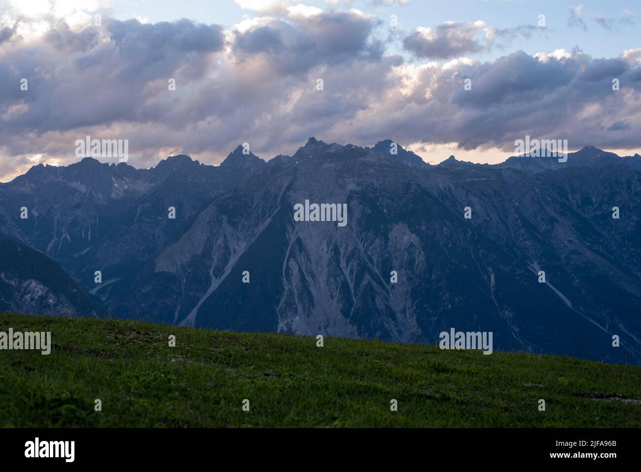 View of the Alps from Venet Mountain, sunset, long-distance hiking ...
