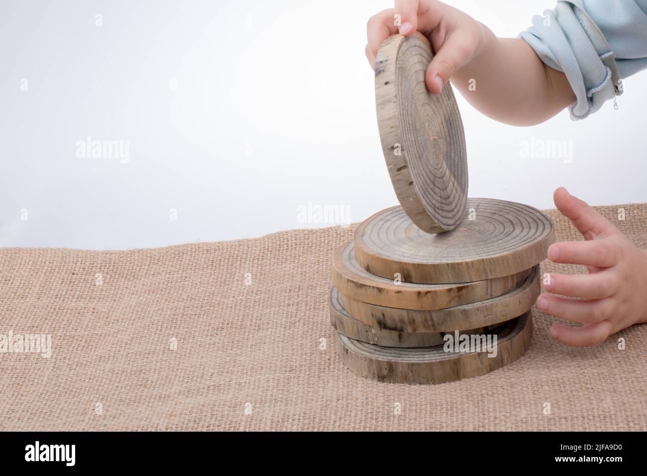 Wood Log cut in round thin pieces in hand Stock Photo - Alamy