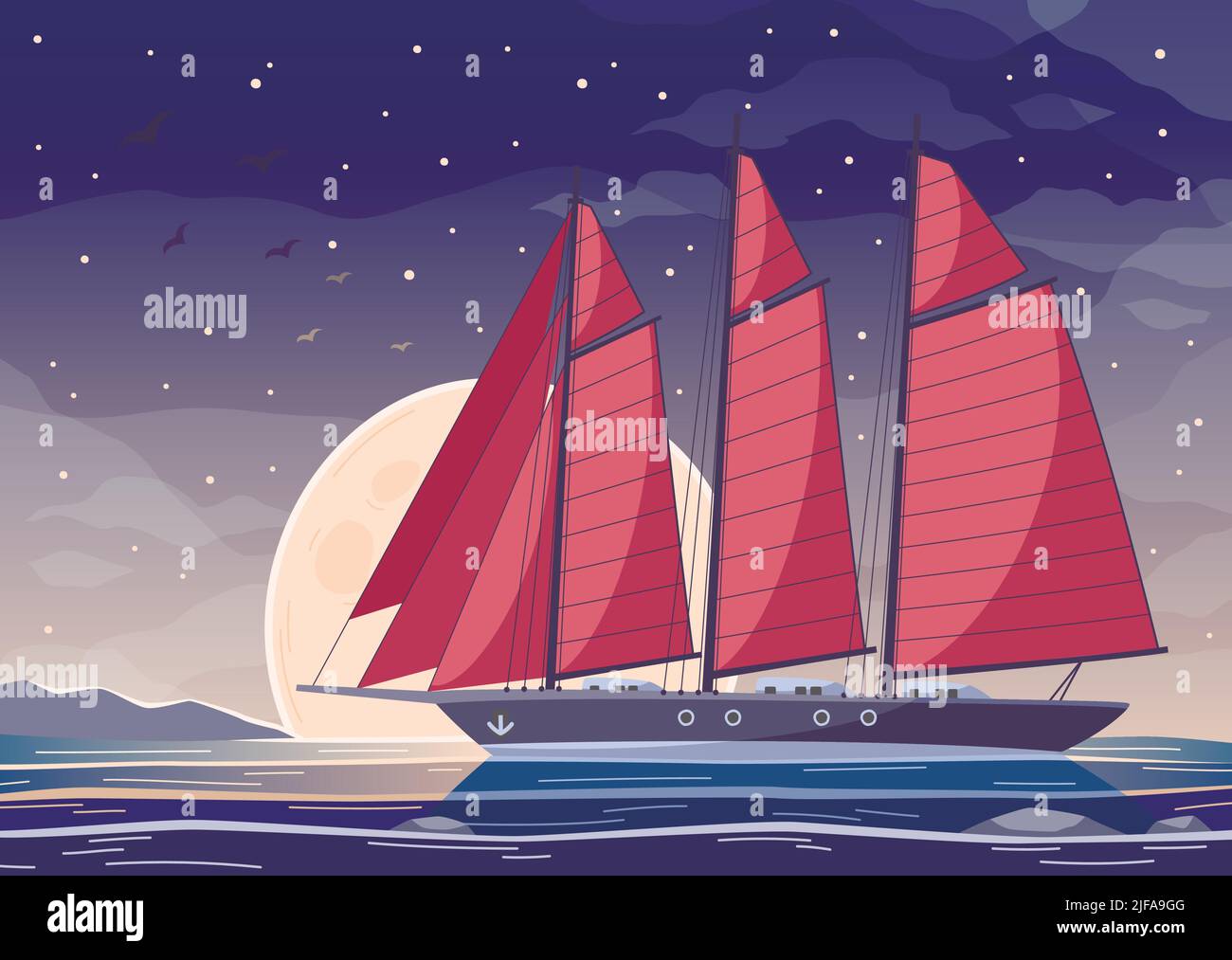 Yachting cartoon composition of big boat with red sails crossing bay ...
