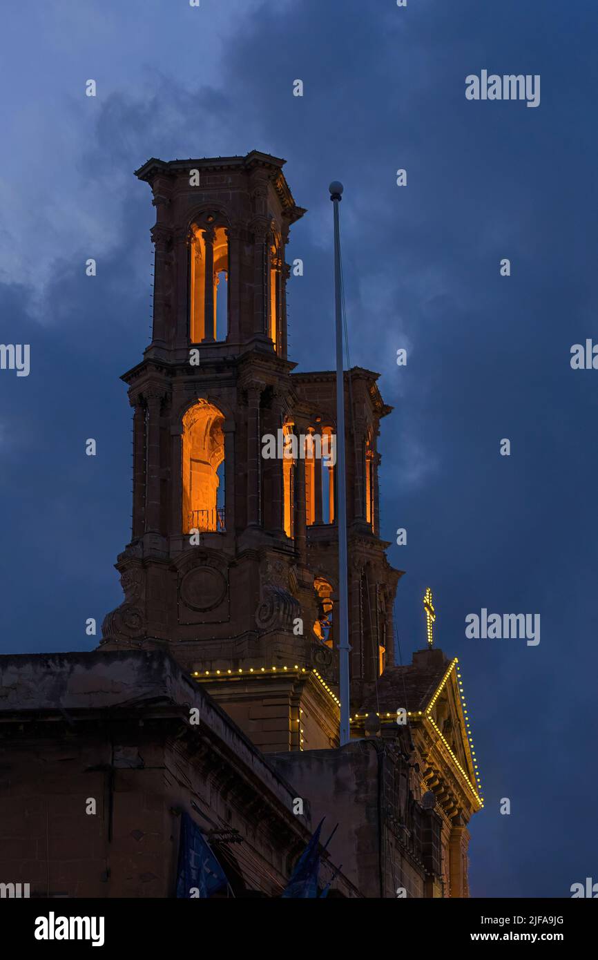 Hamrun St. Gaetan Church bell tower with fairy light during national ...