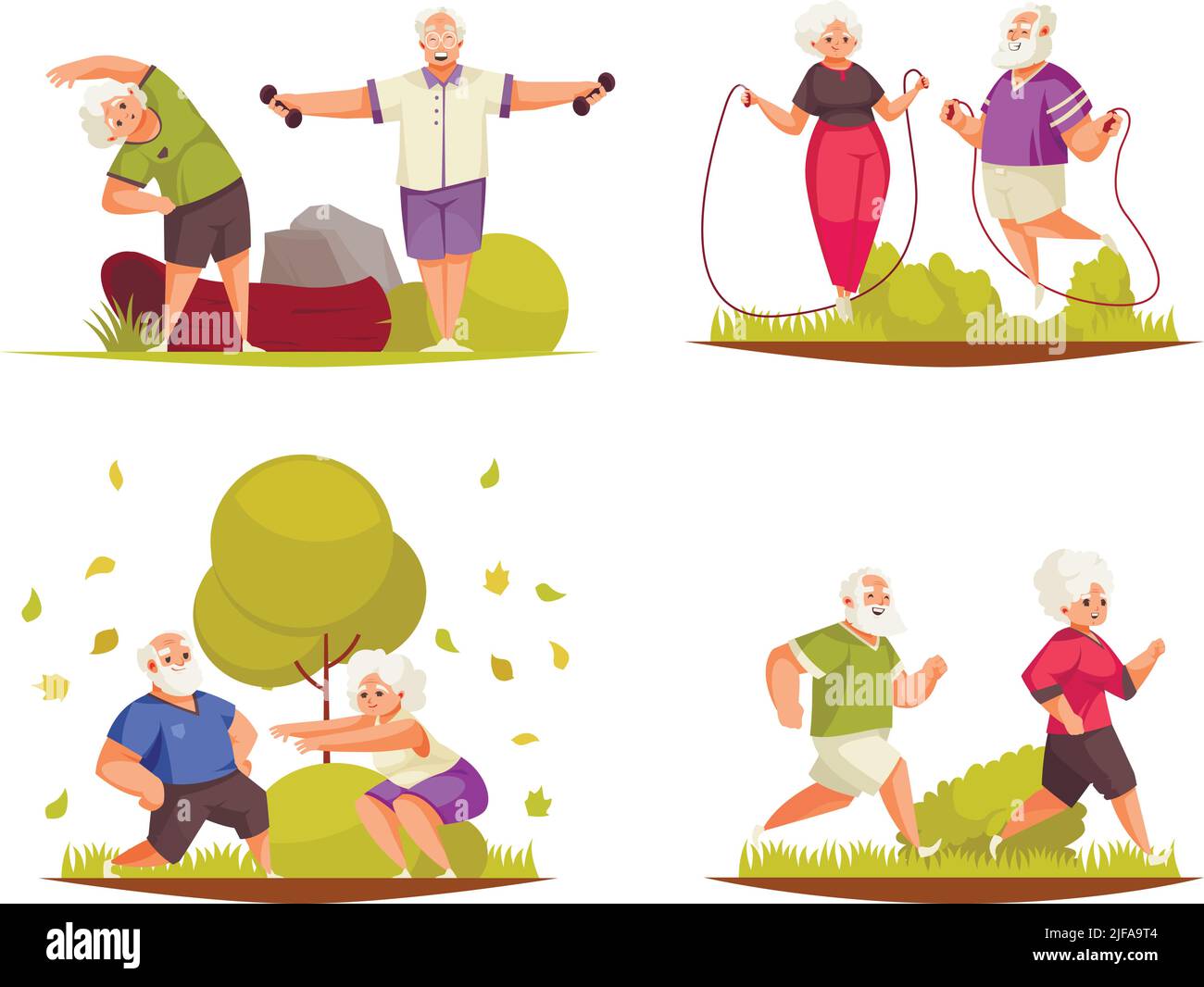 Old people outdoor fitness activity 4 cartoon compositions with jogging ...