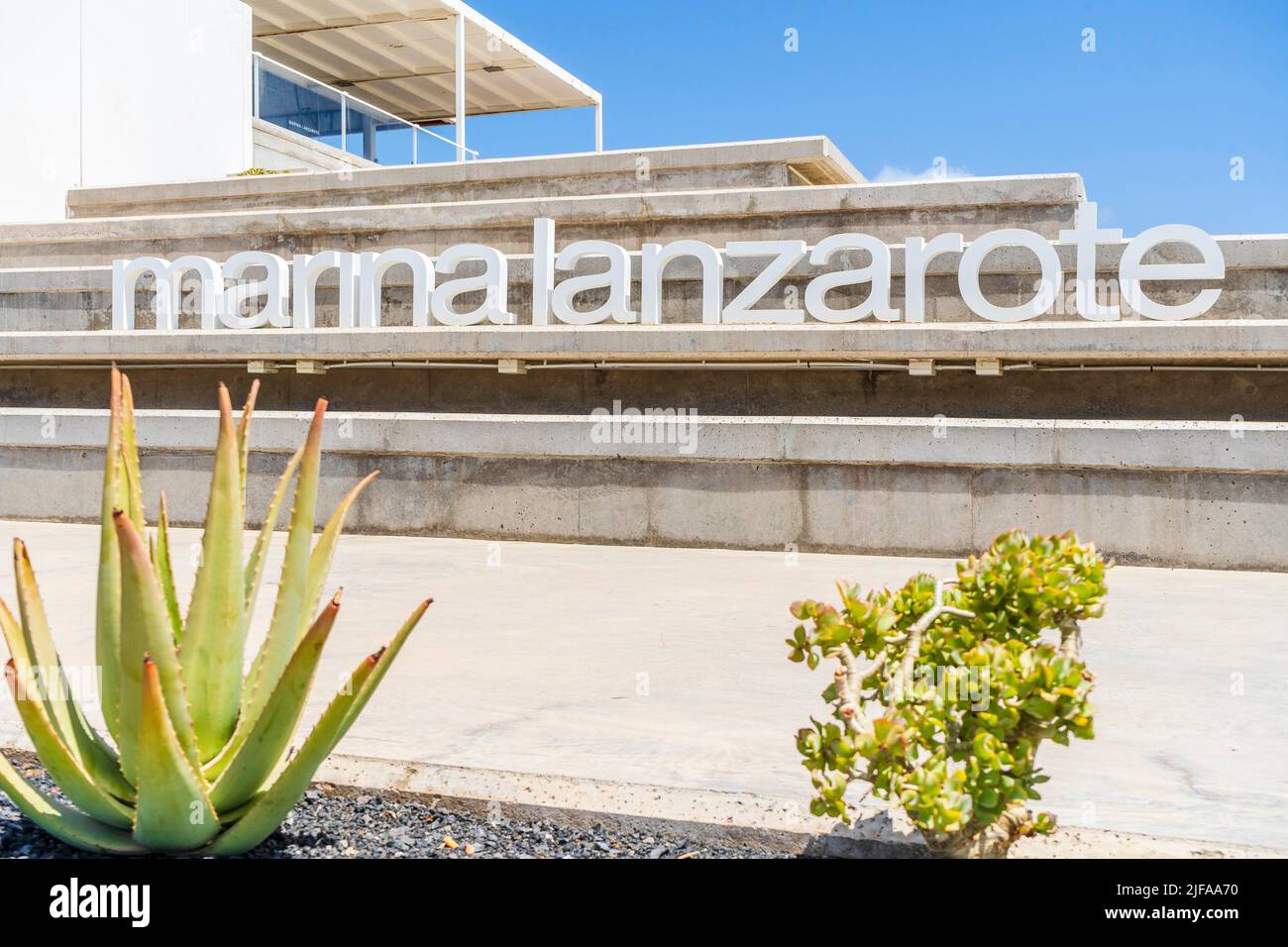 Modern architecture and sign saying Marina Lanzarote in Arrecife ...
