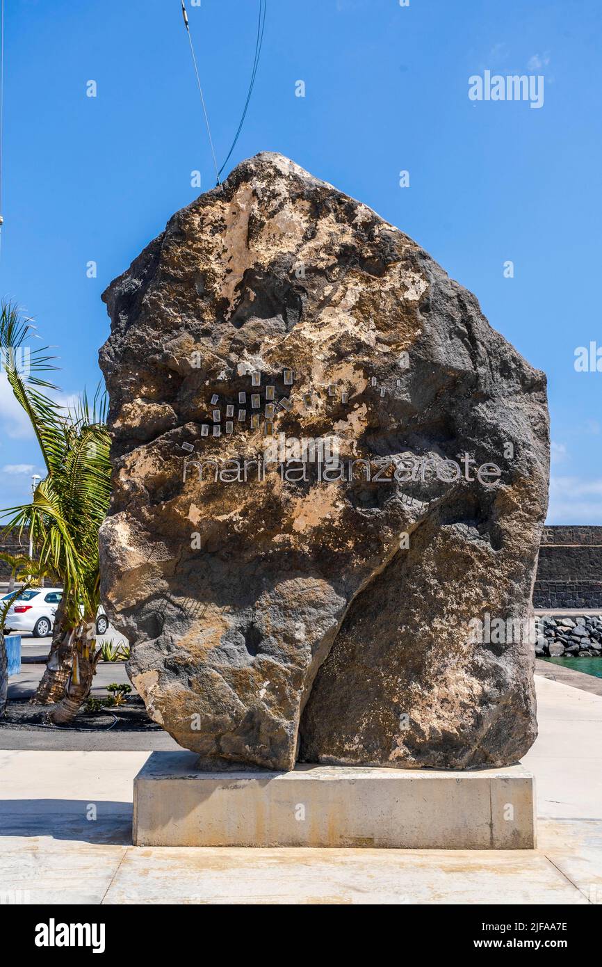 A sign saying Marina Lanzarote on the rock in Arrecife, capital city of ...