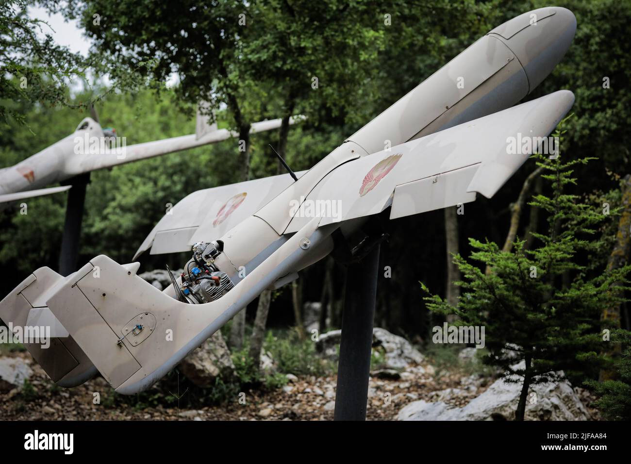 Military drones at the Hezbollah memorial landmark in the hilltop ...