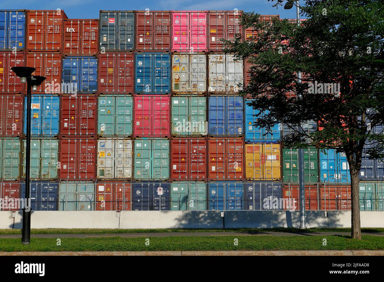 Stacked container, Old Port, Montreal, Province of Quebec, Canada Stock ...