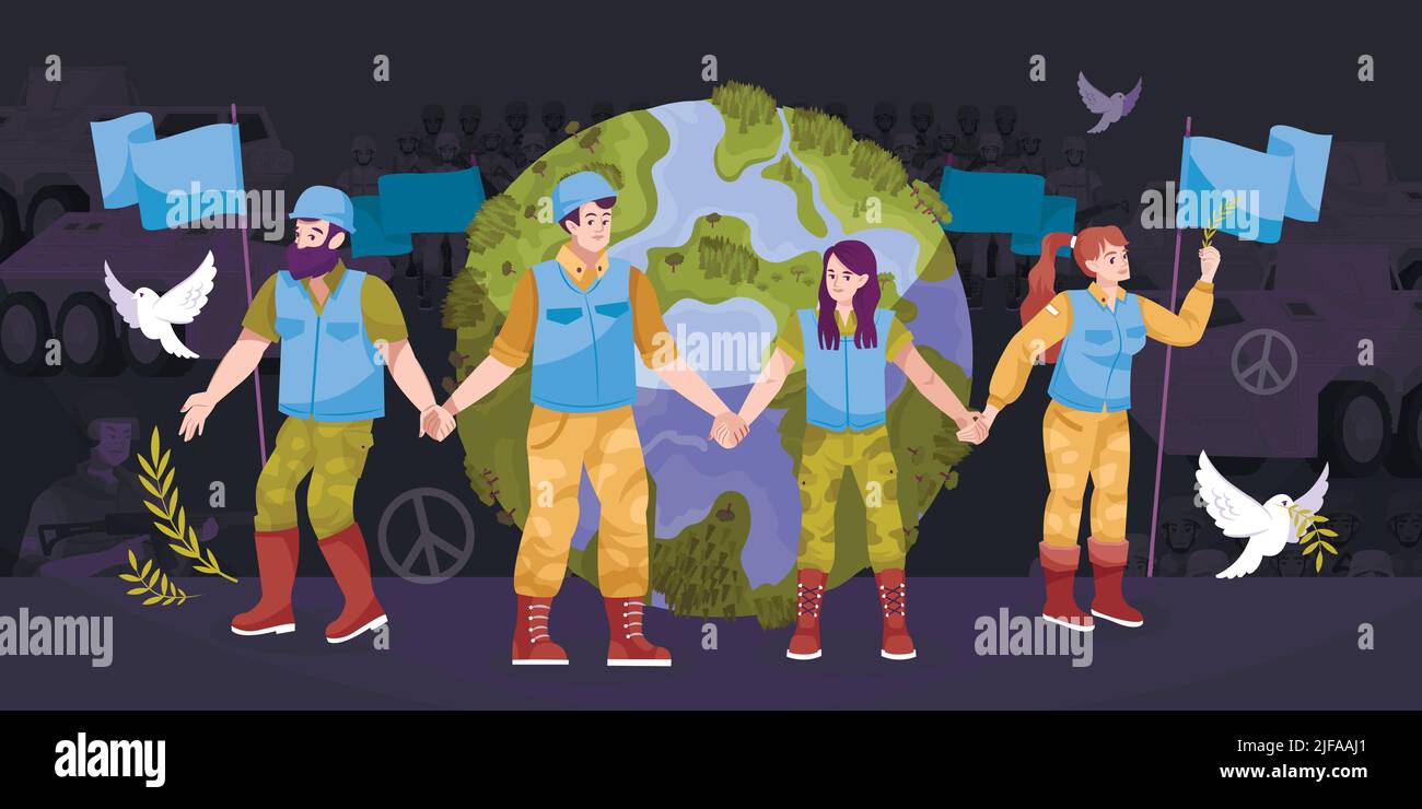 Peacekeepers earth flat composition people in overalls guarding the ...