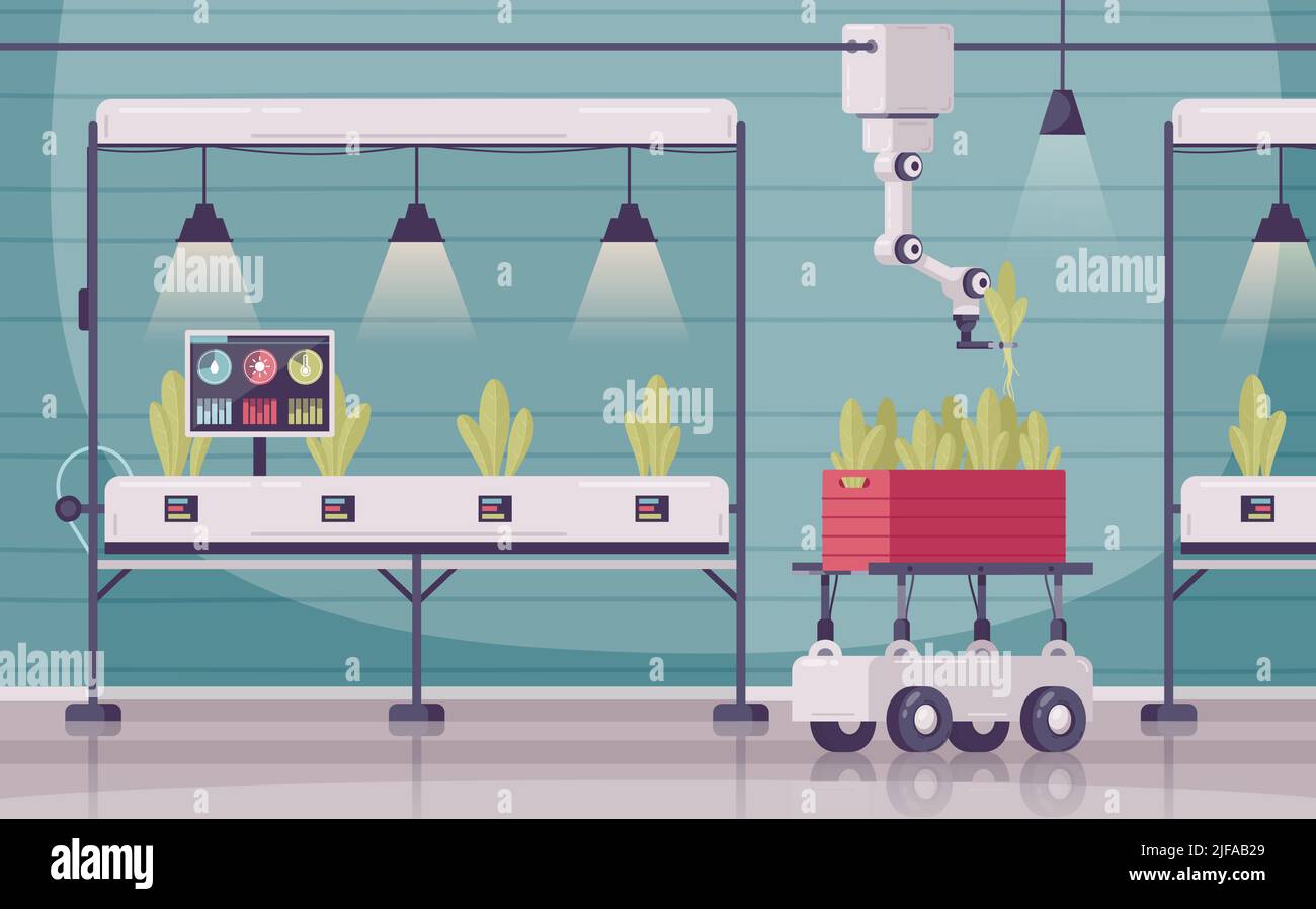 Smart farming cartoon composition with indoor scenery and cabinets with ...