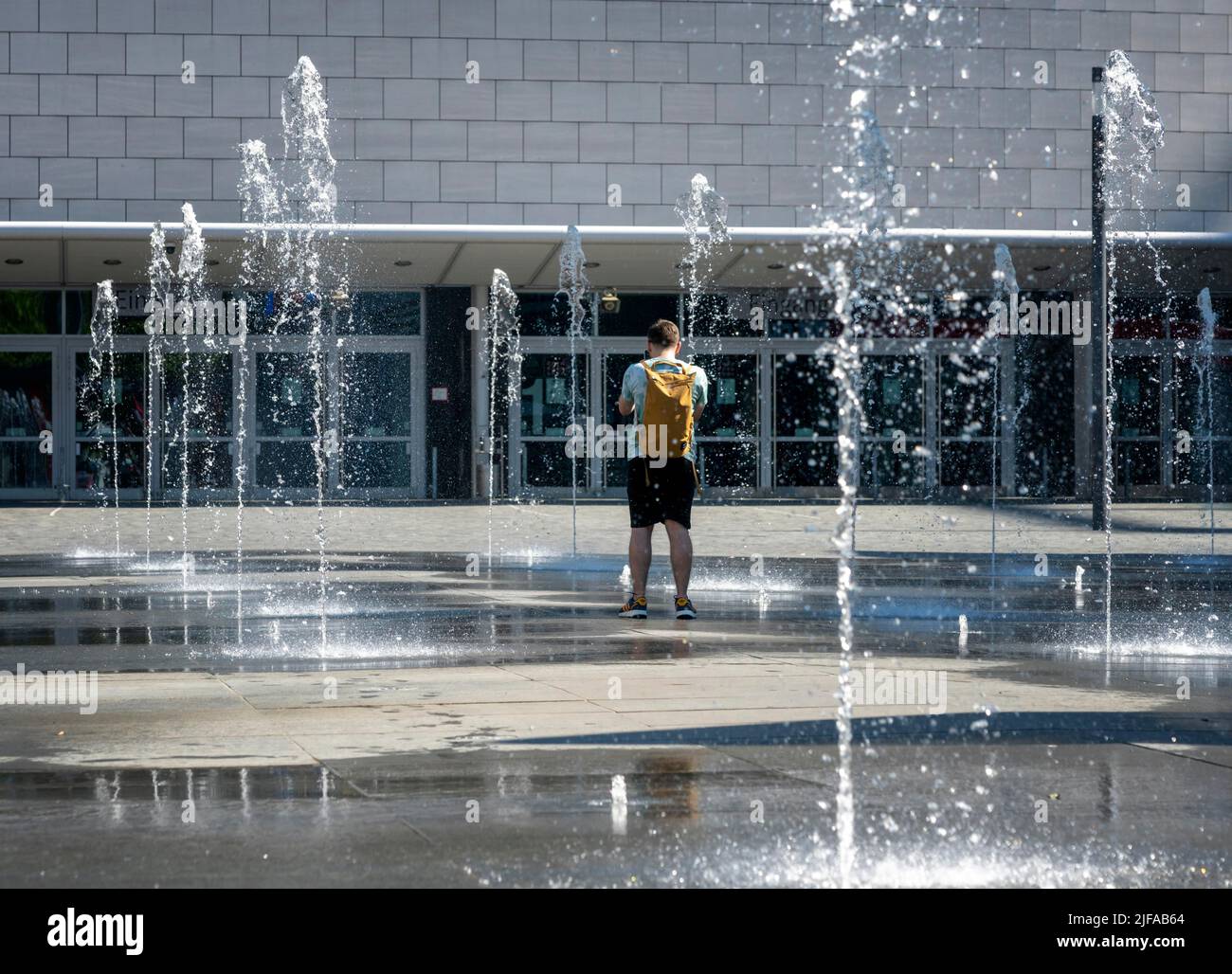 Water fountains on the forecourt of the Mercedes Benz Arena, Berlin ...