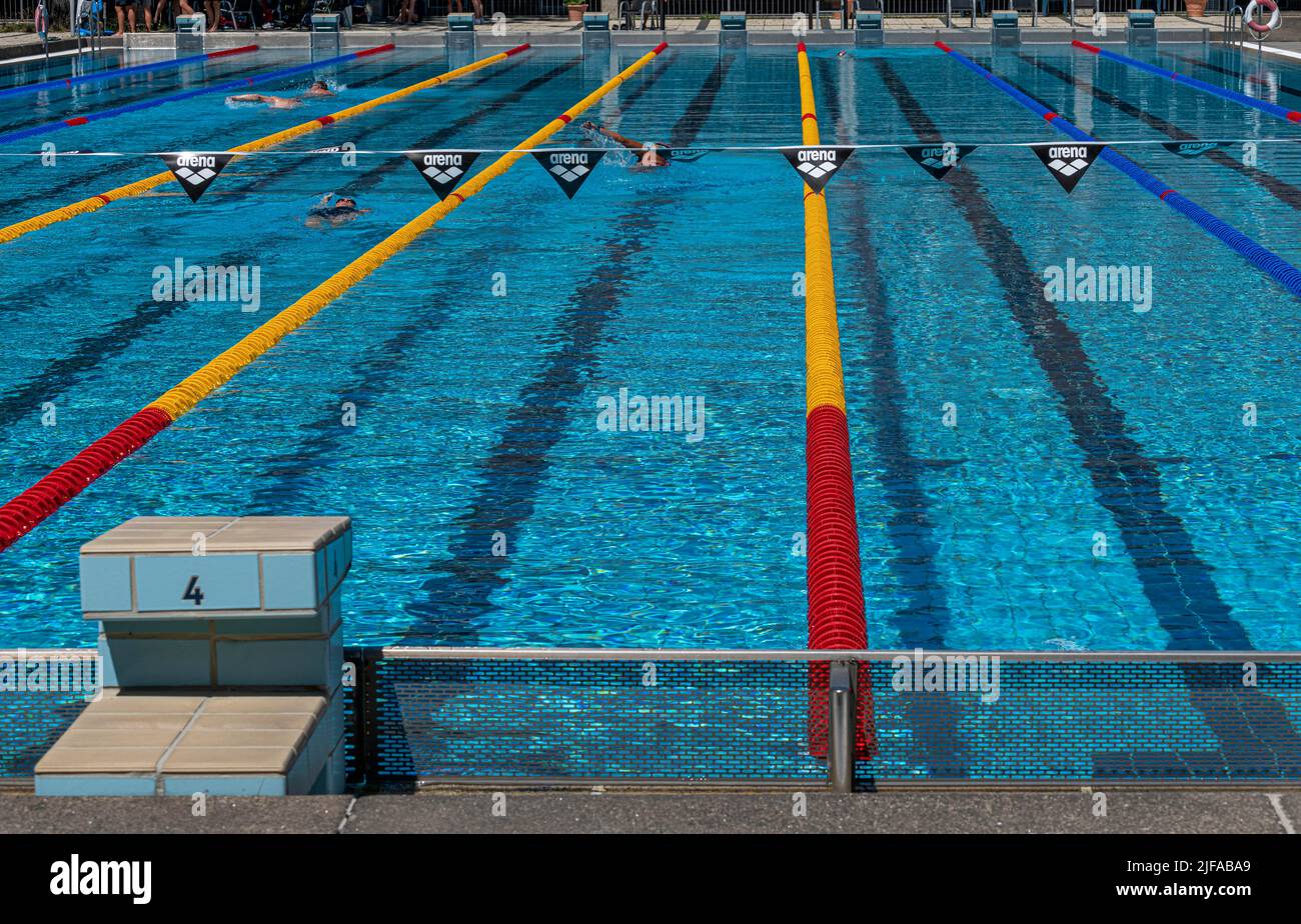 Olympiapark Berlin, swimming pool with training lanes and starting ...