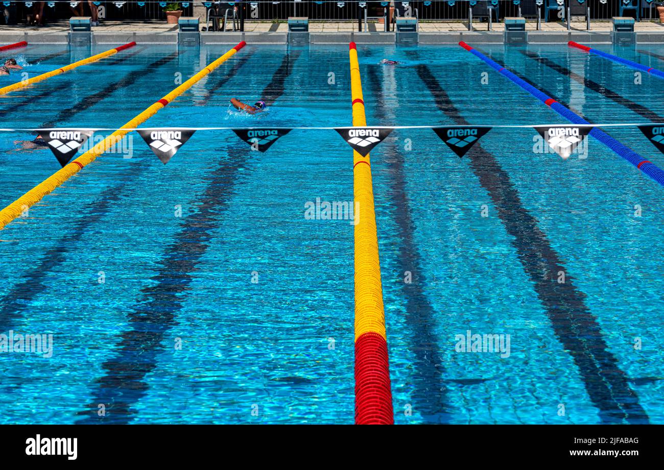 Olympiapark Berlin, swimming pool with training lanes and starting ...