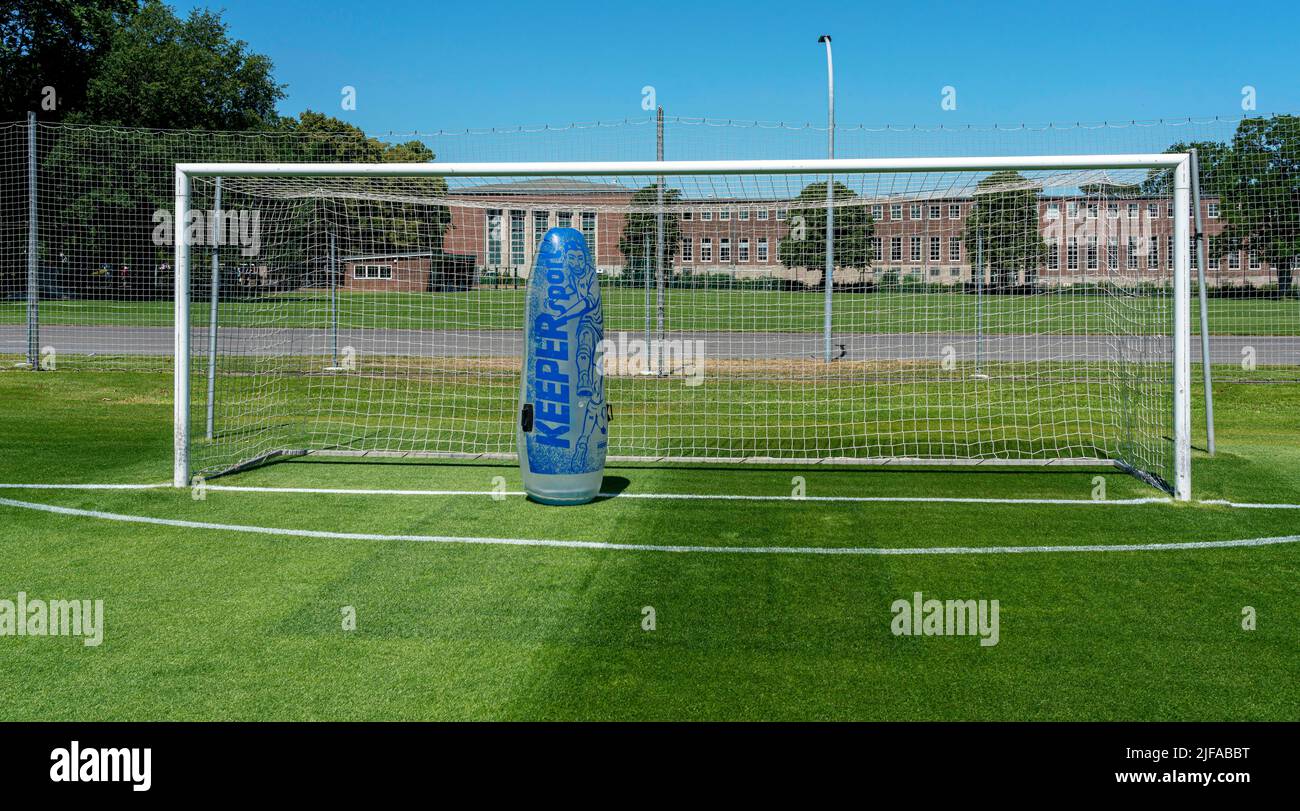 Plastic keeper in football goal, training ground in Olympiapark, Berlin ...