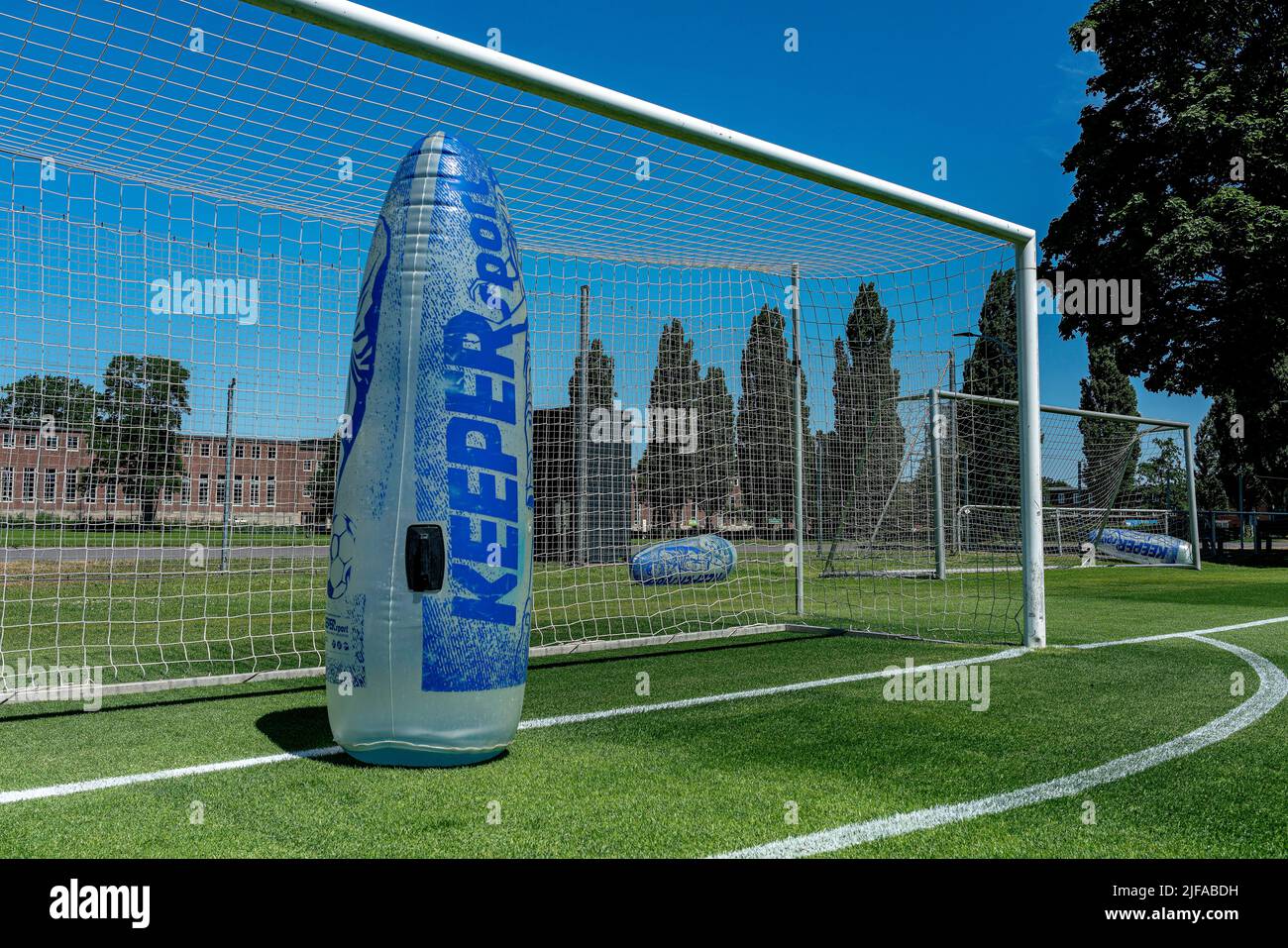 Plastic keeper in football goal, training ground in Olympiapark, Berlin ...