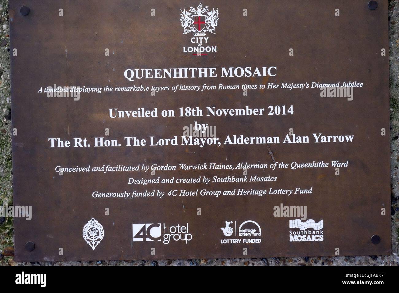 Queenhithe Mosaics plaque along the North Bank of the Thames Stock ...