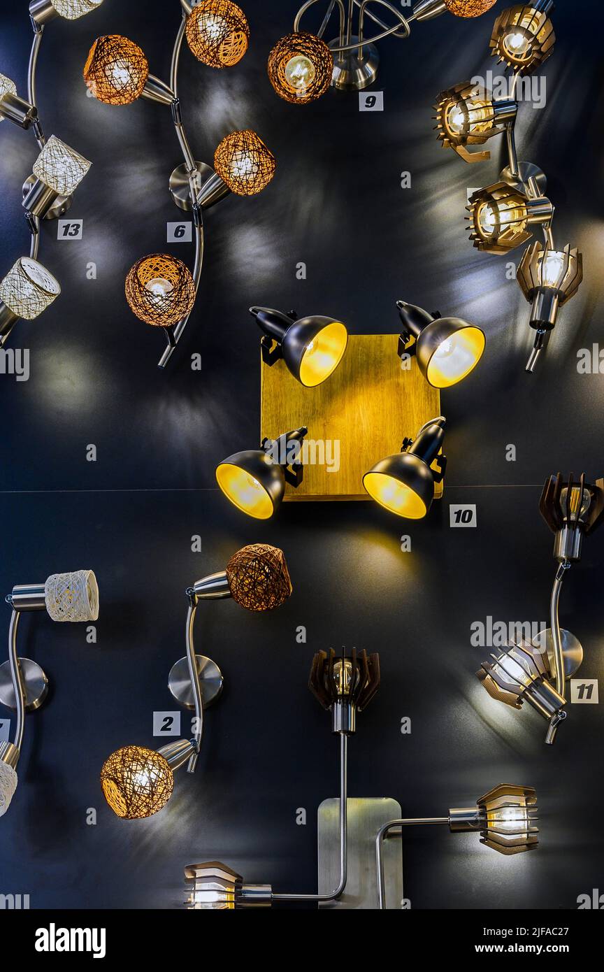 Halogen spotlights and LED lights in DIY store, Kempten, Allgaeu ...