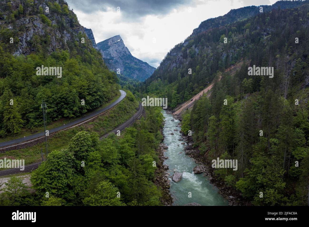 Drone aerial view of wild river Enns in cloudy weather in Gesause ...