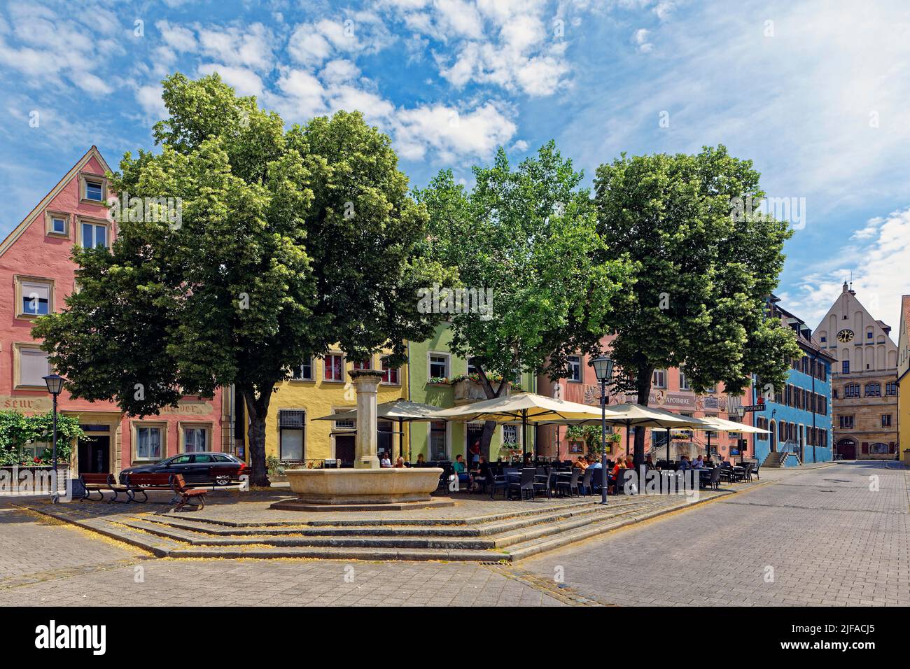 Square with fountain, town houses, burgher house, coloured, lime tree ...