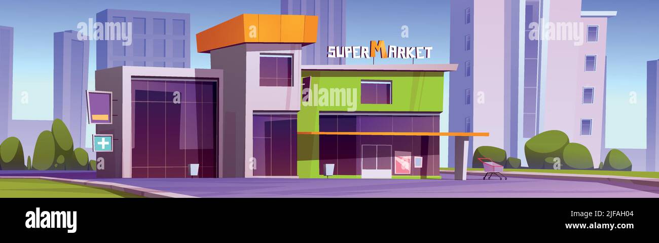 Supermarket building exterior on city street. Vector cartoon ...