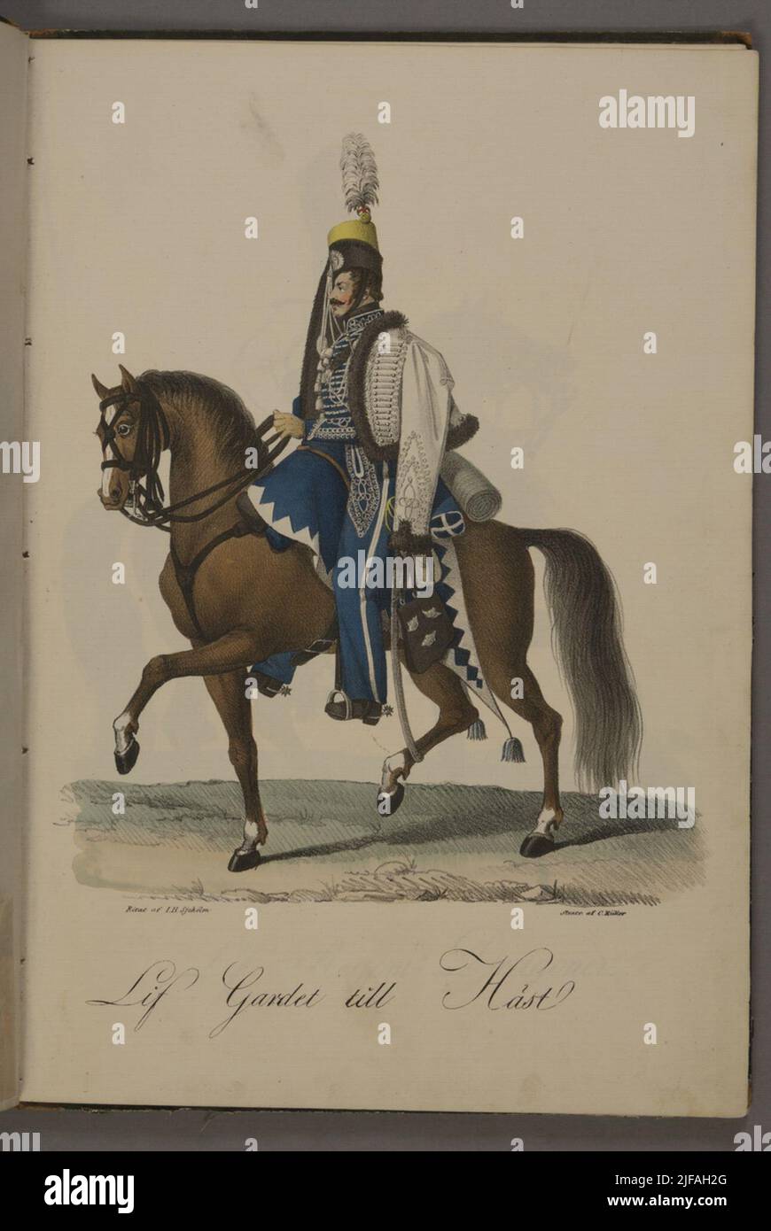 The poster with uniform for the life guard on horseback. Hand -colored ...