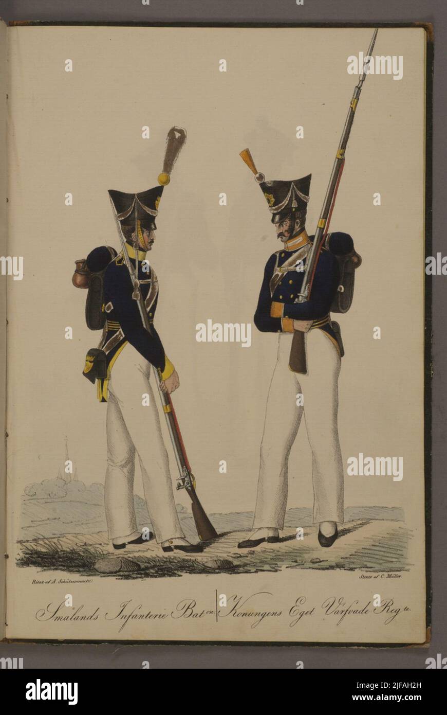 Poster with uniform for Småland's infantry battalion and the king's own ...