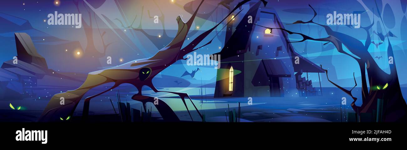 Scary dark forest at night. Halloween background with spooky woods ...