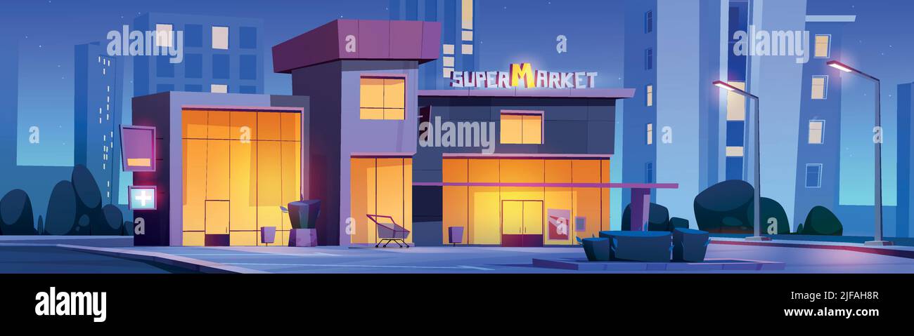 Supermarket building exterior on night city street. Vector cartoon ...