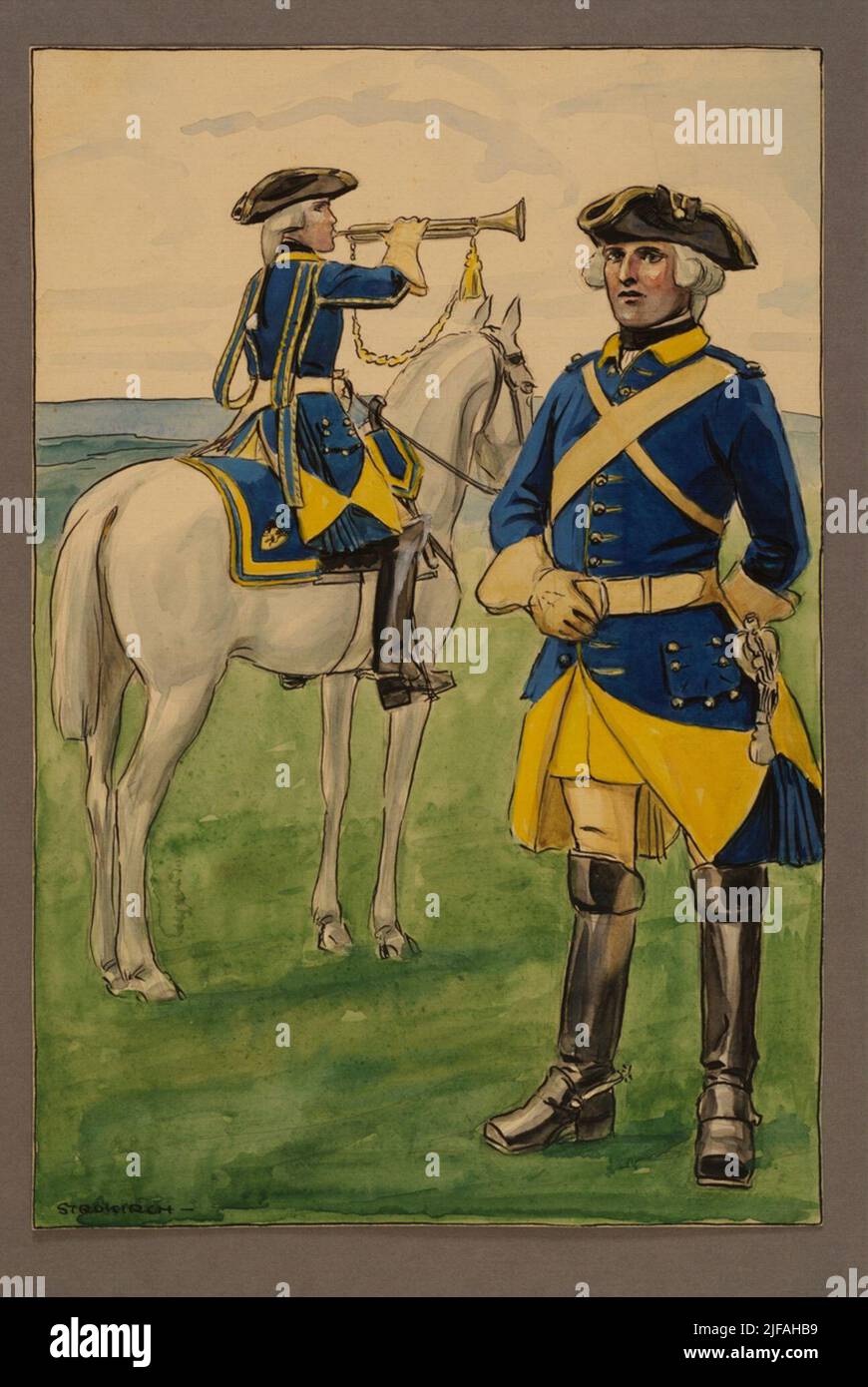 Poster with uniform for trumpets and sub -officer at Västgöta cavalry ...