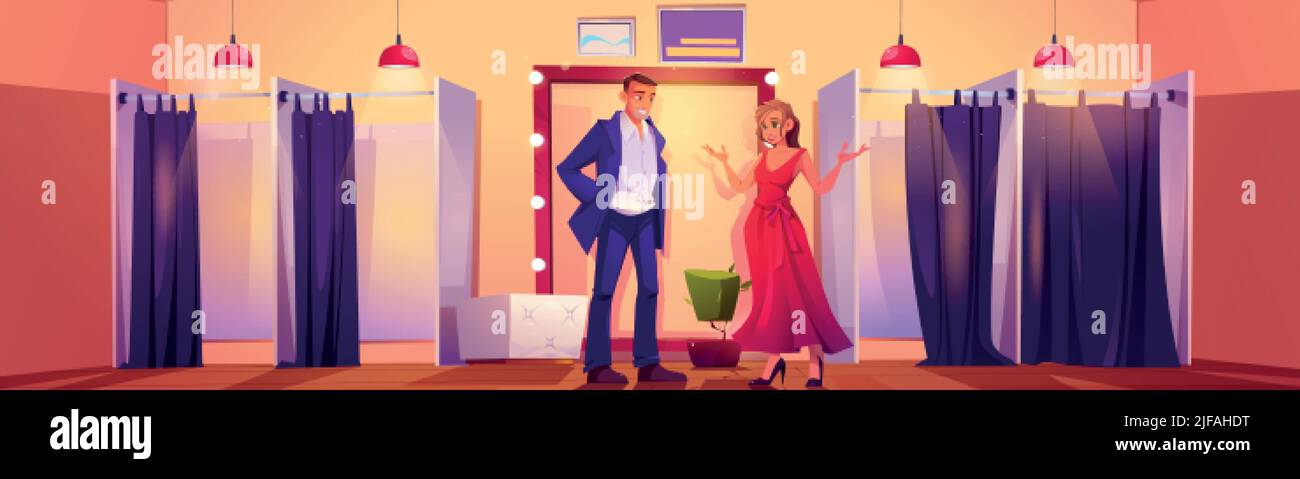 Man looking at girl trying red dress in fitting room in fashion store ...