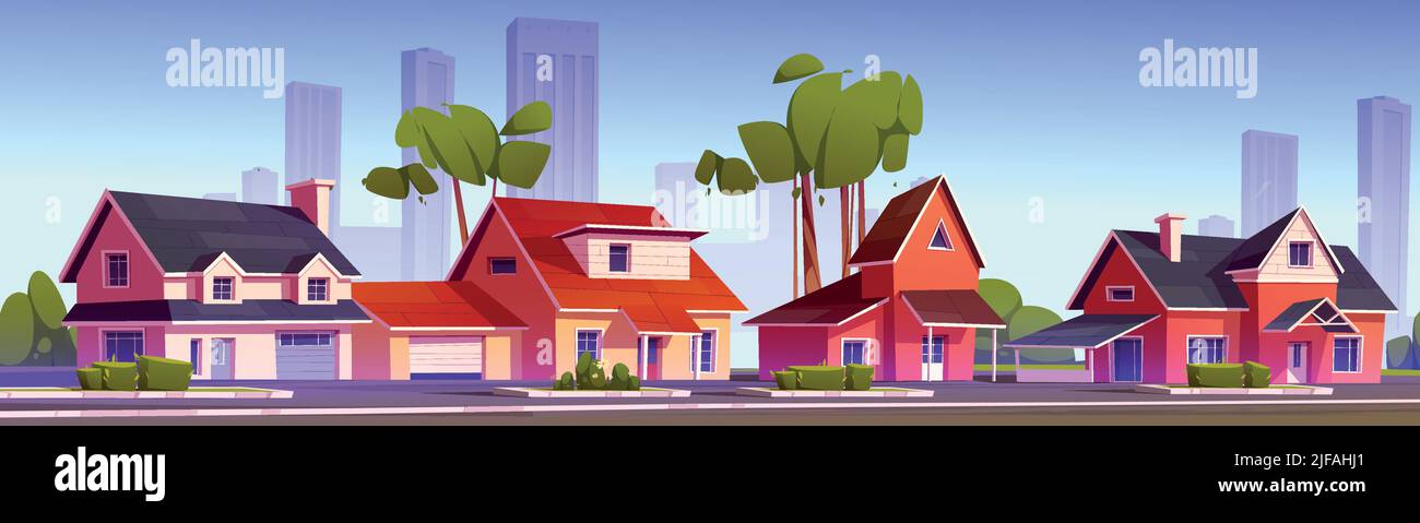 Street in suburb district with residential houses and city on skyline ...