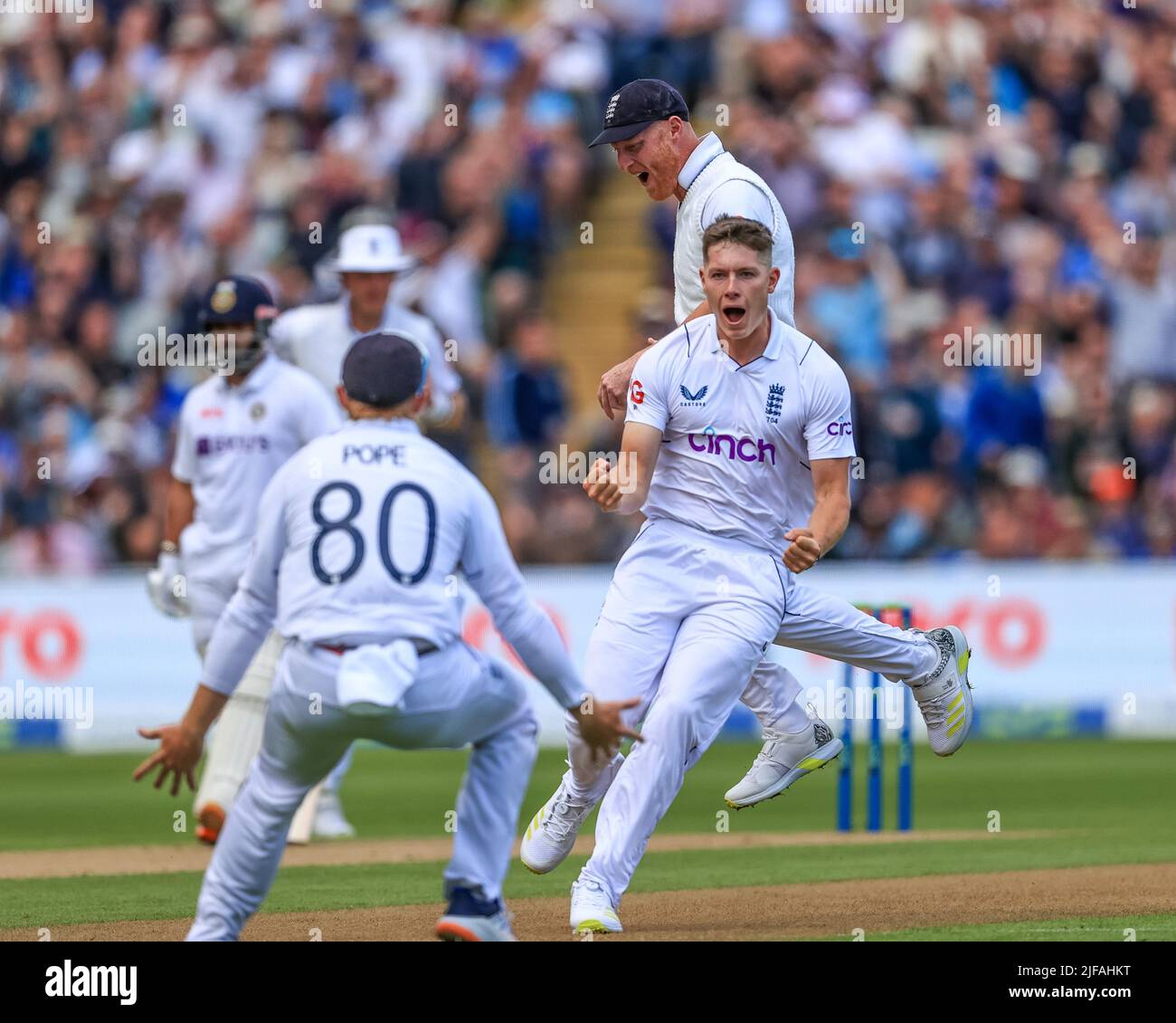 Matthew Potts of England celebrates bowling Virat Kohli of India Stock ...