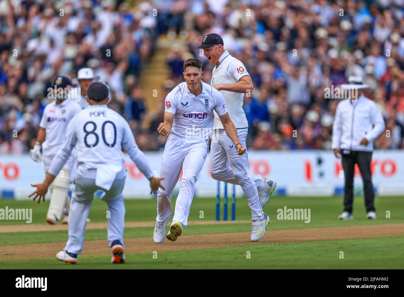 Matthew Potts of England celebrates bowling Virat Kohli of India Stock ...