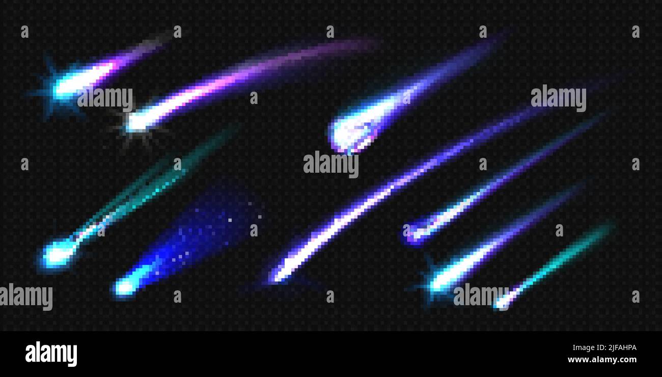 Flying comets, asteroids or meteors with flame trail isolated on ...