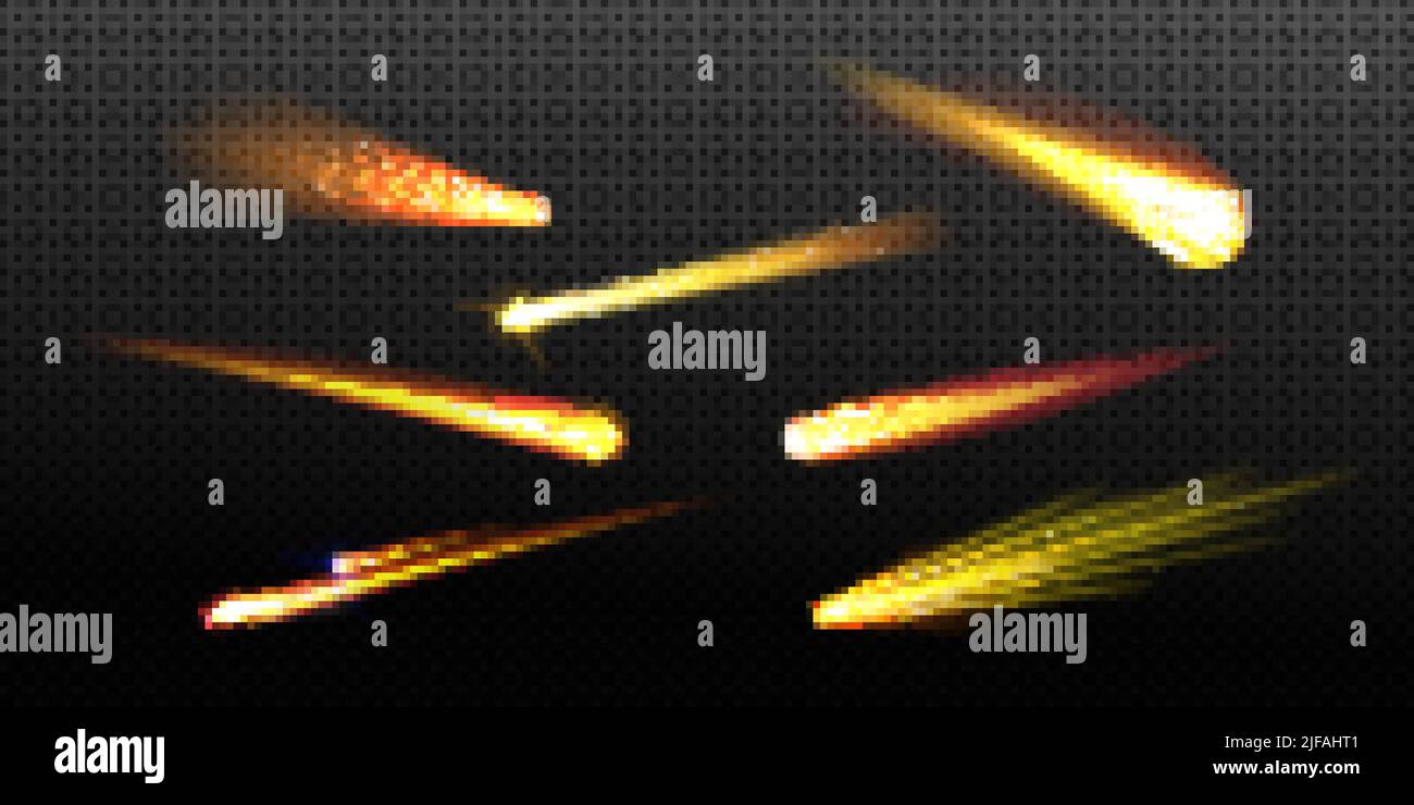 Flying comets, asteroids or meteors with flame trail isolated on ...